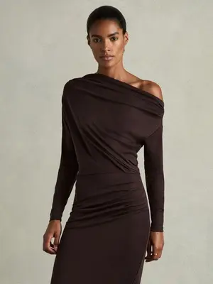 REISS Fleur Off-the-shoulder Ruched Jersey Midi Dress