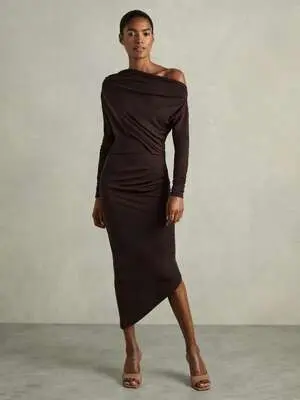 REISS Fleur Off-the-shoulder Ruched Jersey Midi Dress