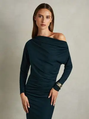 REISS Fleur Off-the-shoulder Ruched Jersey Midi Dress