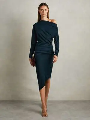 REISS Fleur Off-the-shoulder Ruched Jersey Midi Dress