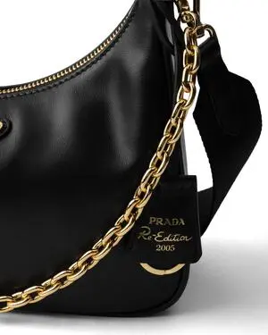 Prada Re-edition 2005 Leather Bag With Chain And Woven Strap - Black