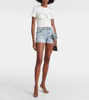AREA Floral-appliqué Denim Shorts