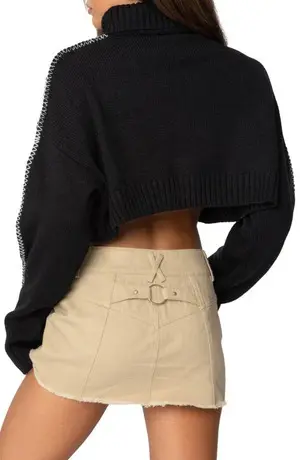 EDIKTED Blanket Stitch Accent Crop Turtleneck Sweater