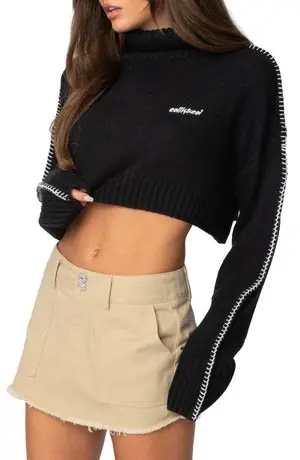 EDIKTED Blanket Stitch Accent Crop Turtleneck Sweater