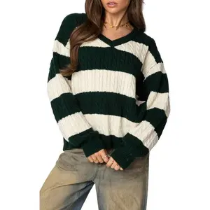 EDIKTED Stripe Oversized Cable Knit Sweater