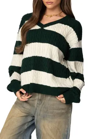 EDIKTED Stripe Oversized Cable Knit Sweater