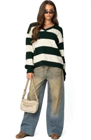 EDIKTED Stripe Oversized Cable Knit Sweater