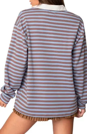EDIKTED Stripe Long Sleeve Oversize Polo - Blue