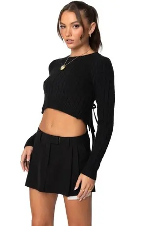 EDIKTED Bow Accent Cable Stitch Crop Sweater