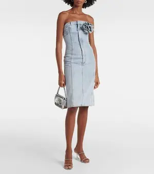 AREA Floral-applique Denim Midi Dress