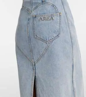 AREA Floral-applique Denim Midi Dress