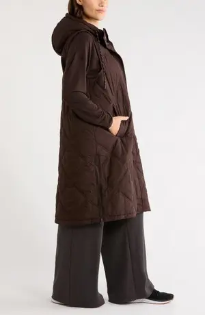 Zella Long Hooded Puffer Vest - Brown Mole