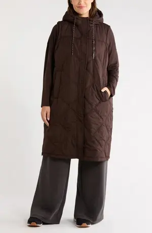 Zella Long Hooded Puffer Vest - Brown Mole