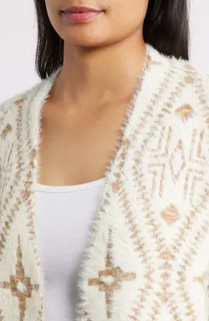 Bobeau Pattern Eyelash Cardigan - Ivory/brown Mix