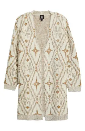 Bobeau Pattern Eyelash Cardigan - Ivory/brown Mix