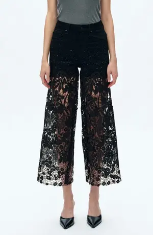 BAYEAS High-waist Crystal-embellished Lace Wide-leg Jeans - Black