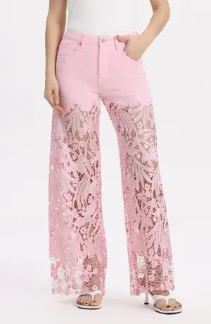 BAYEAS High-waist Crystal-embellished Lace Wide-leg Jeans - Pink
