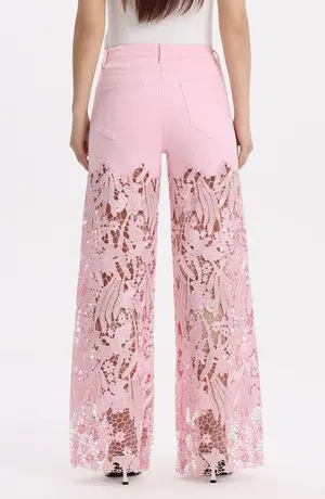 BAYEAS High-waist Crystal-embellished Lace Wide-leg Jeans - Pink