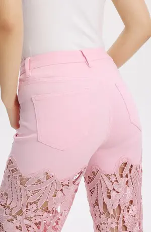 BAYEAS High-waist Crystal-embellished Lace Wide-leg Jeans - Pink