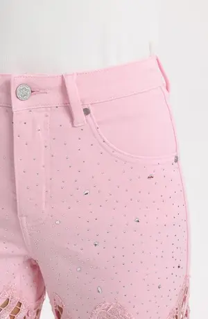 BAYEAS High-waist Crystal-embellished Lace Wide-leg Jeans - Pink