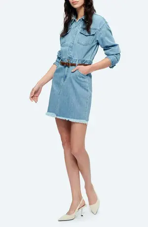 BAYEAS Resa Long-sleeve Fray Hem Denim Mini Shirtdress - Light Blue