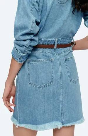 BAYEAS Resa Long-sleeve Fray Hem Denim Mini Shirtdress - Light Blue