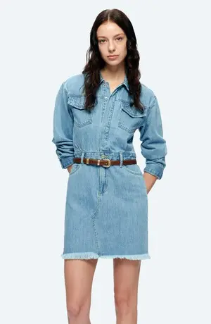 BAYEAS Resa Long-sleeve Fray Hem Denim Mini Shirtdress - Light Blue