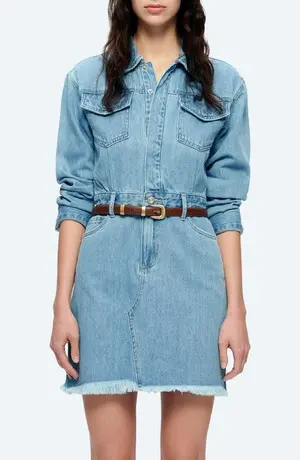BAYEAS Resa Long-sleeve Fray Hem Denim Mini Shirtdress - Light Blue