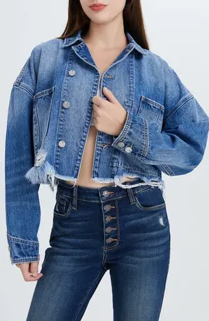 BAYEAS Frayed Crop Denim Jacket - Medium Blue