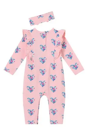Andy & Evan Heart Print Cotton Romper & Headband Set
