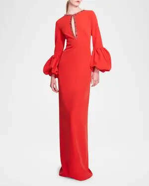 Marchesa Marchesa Notte Puff-Sleeve Column Gown - Scarlet
