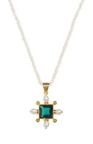 FREYA ROSE Seed Pearl Necklace With Green Quartz Cross Pendant