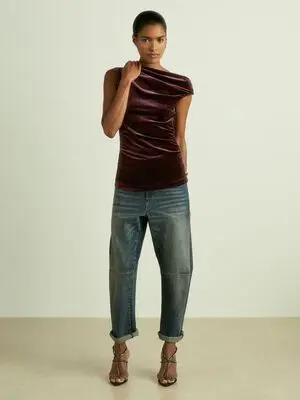 REISS Dylan Velvet Off-shoulder Top - Berry