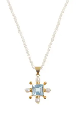 FREYA ROSE Seed Pearl Necklace With Blue Topaz Cross Pendant - Ivory