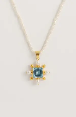 FREYA ROSE Seed Pearl Necklace With Blue Topaz Cross Pendant