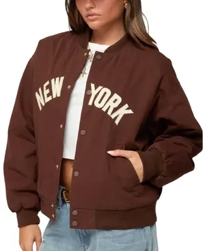 EDIKTED Big Apple Oversized Bomber Jacket - Brown