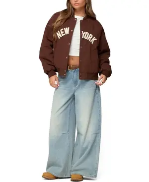 EDIKTED Big Apple Oversized Bomber Jacket - Brown