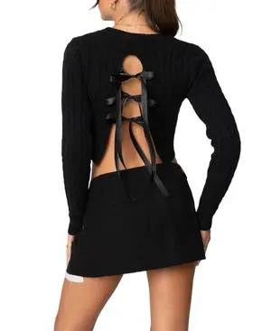EDIKTED Bow Back Cropped Cable Knit Sweater