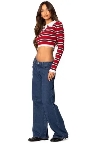 EDIKTED Stripey Collar Ribbed Crop Top