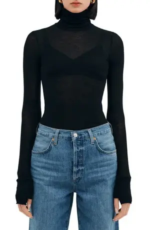 MARCELLA Eloise Semisheer Jersey Turtleneck Top - Black
