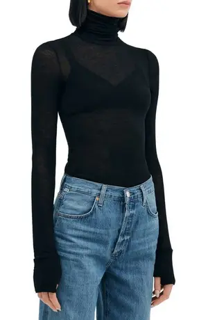 MARCELLA Eloise Semisheer Jersey Turtleneck Top - Black