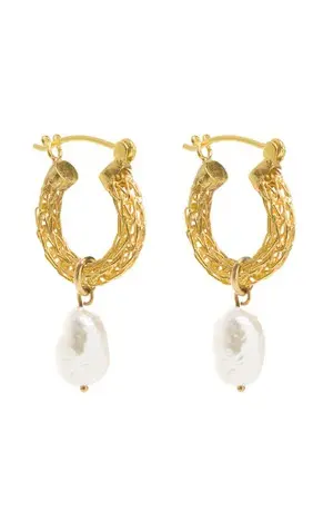 FREYA ROSE Weave Mini Hoop Earrings With Baroque Pearl - Gold