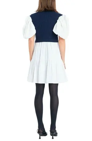 English Factory Puff Sleeve Mixed Media Sweater Dress - Navy