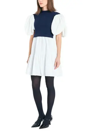 English Factory Puff Sleeve Mixed Media Sweater Dress - Navy