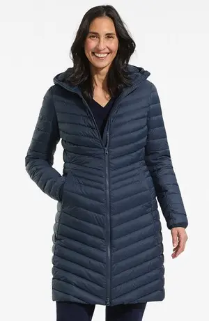 LANDS' END Ultralight Packable Long Down Coat - Vintage Blue