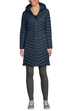 LANDS' END Ultralight Packable Long Down Coat - Vintage Blue