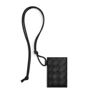 Bottega Veneta Leather Intreccio Badge Holder Grey