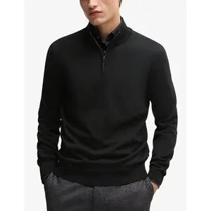 BOSS Zip-neck Regular-fit Wool-knitted Jumper - Black