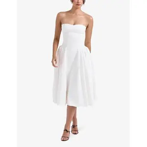 georgiana strapless stretch cotton fit & flare dress House Of CB Womens White Georgiana Slim-Fit Strapless Stretch-Cotton Midi Dress L+