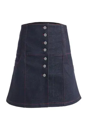 JENDUE Chaby Denim Mini Skirt With Button-front And Contrast Stitching - Deep Blue
